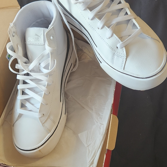 Puma | Shoes | Puma White Hightop Sneakers With Black Trim | Poshmark